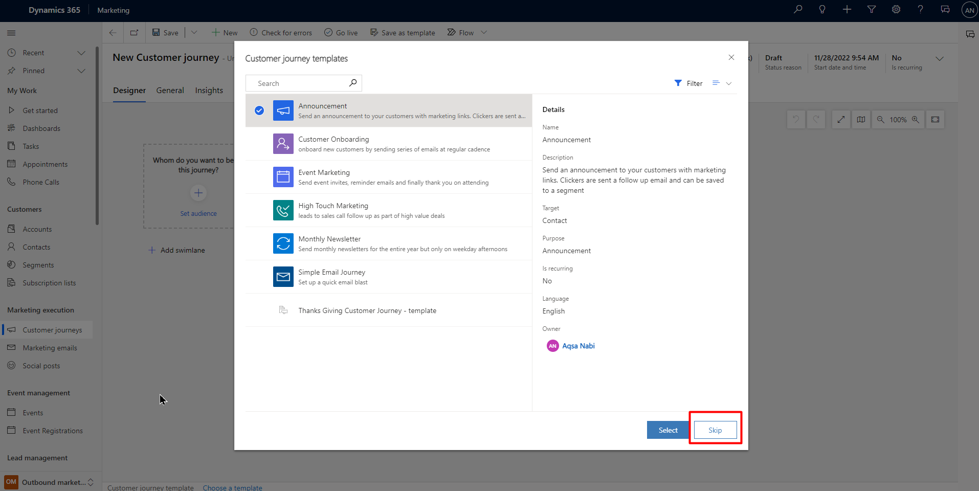Dynamics 365 Marketing Create Customer Journey